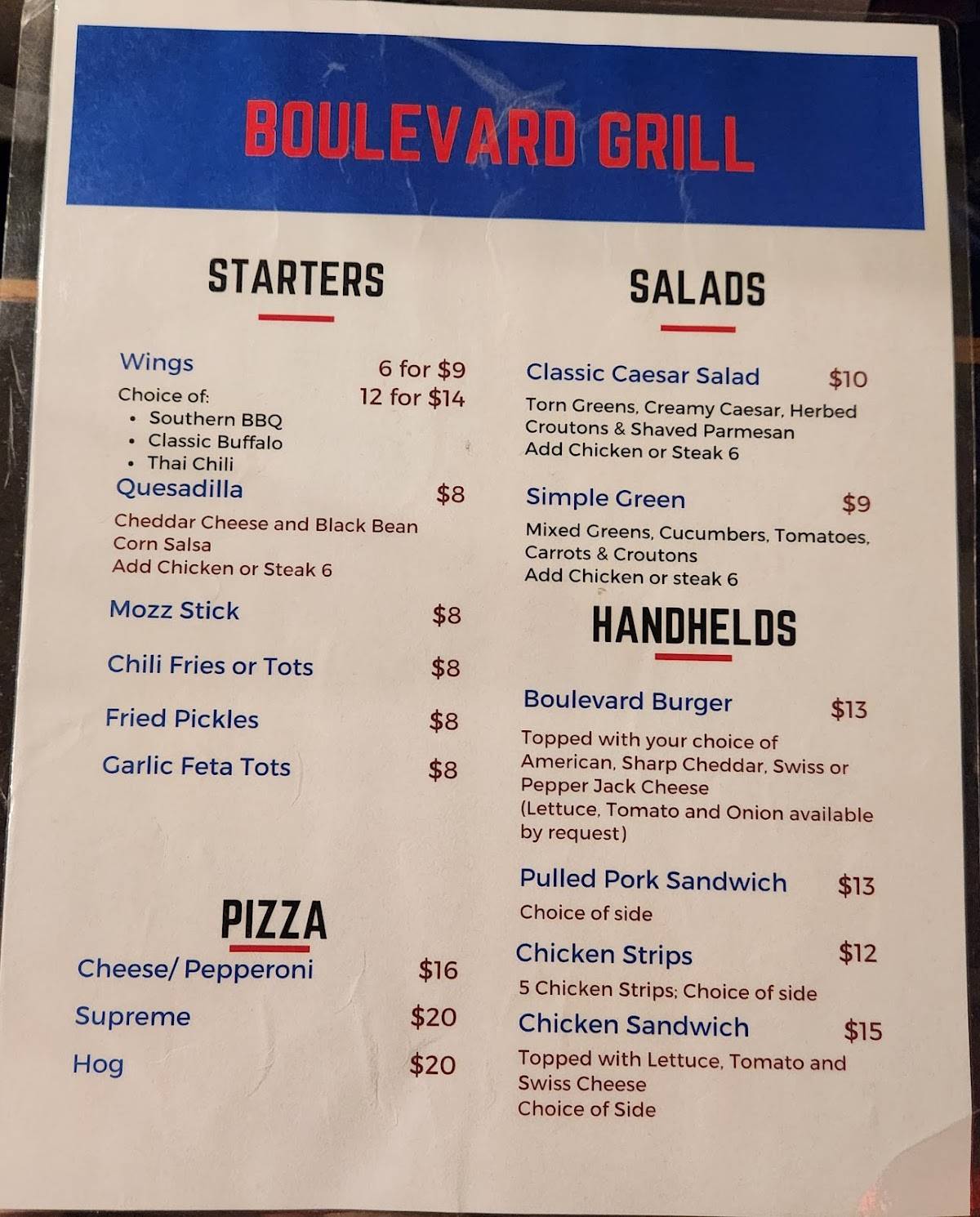 Menu at Boulevard Grill pub & bar, Lawrence, 200 McDonald Dr