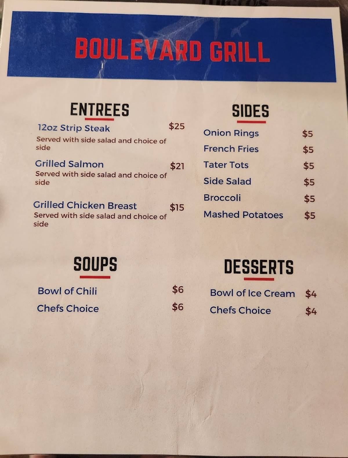 Menu at Boulevard Grill pub & bar, Lawrence, 200 McDonald Dr
