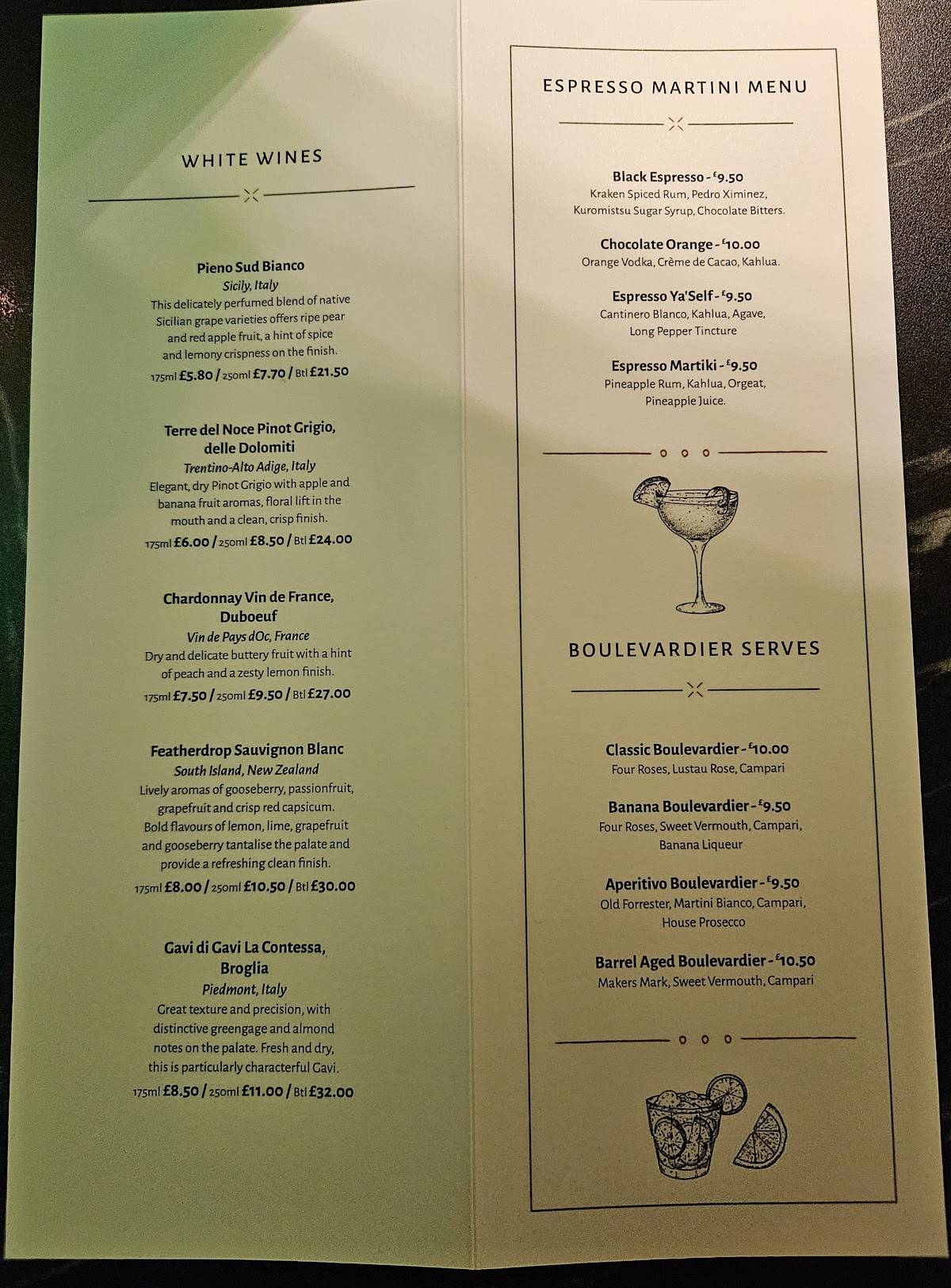 Menu at Boulevardier pub & bar, Sheffield