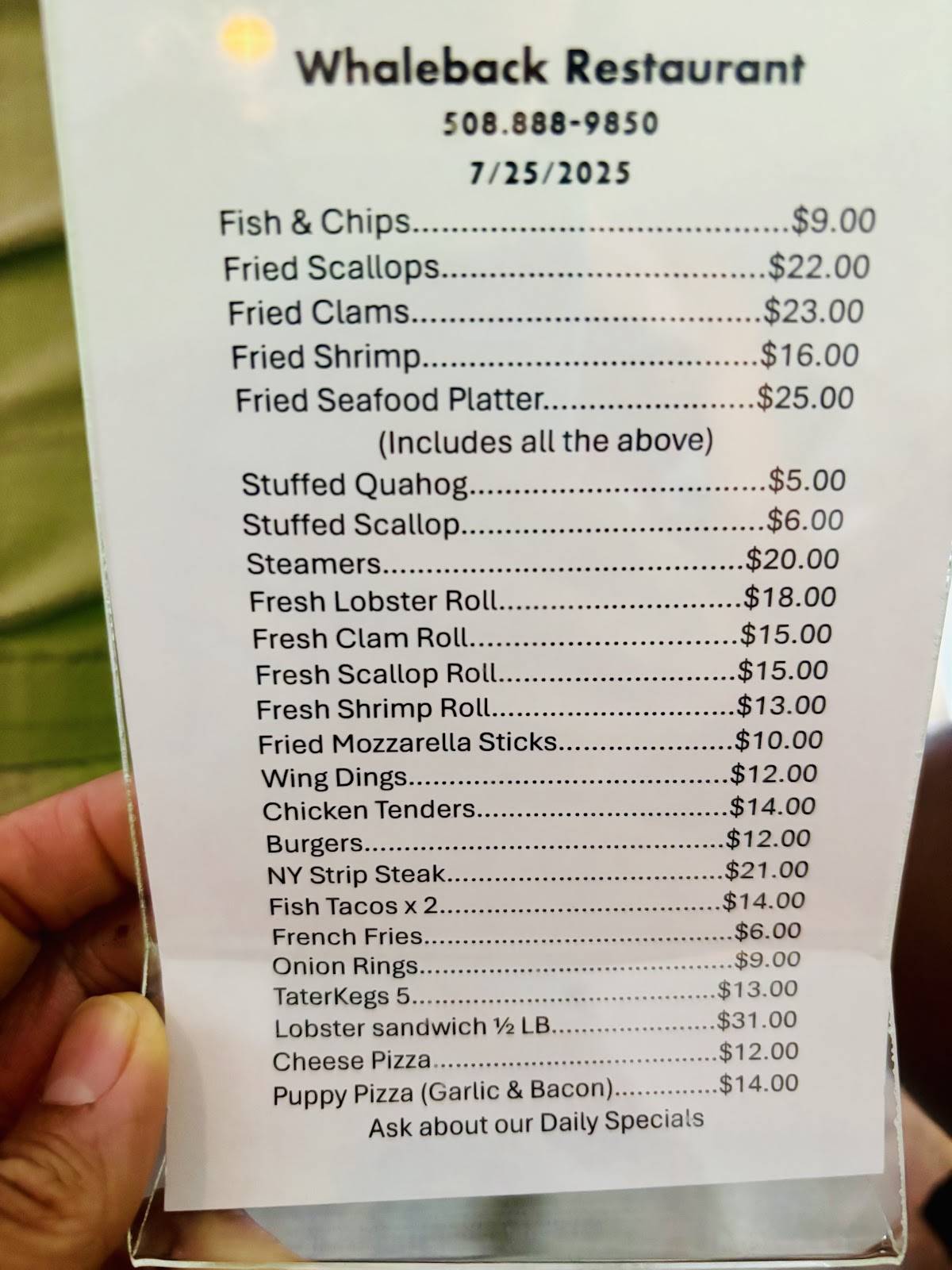 Menu at Bob O'Malley's Whaleback Restaurant, Sandwich