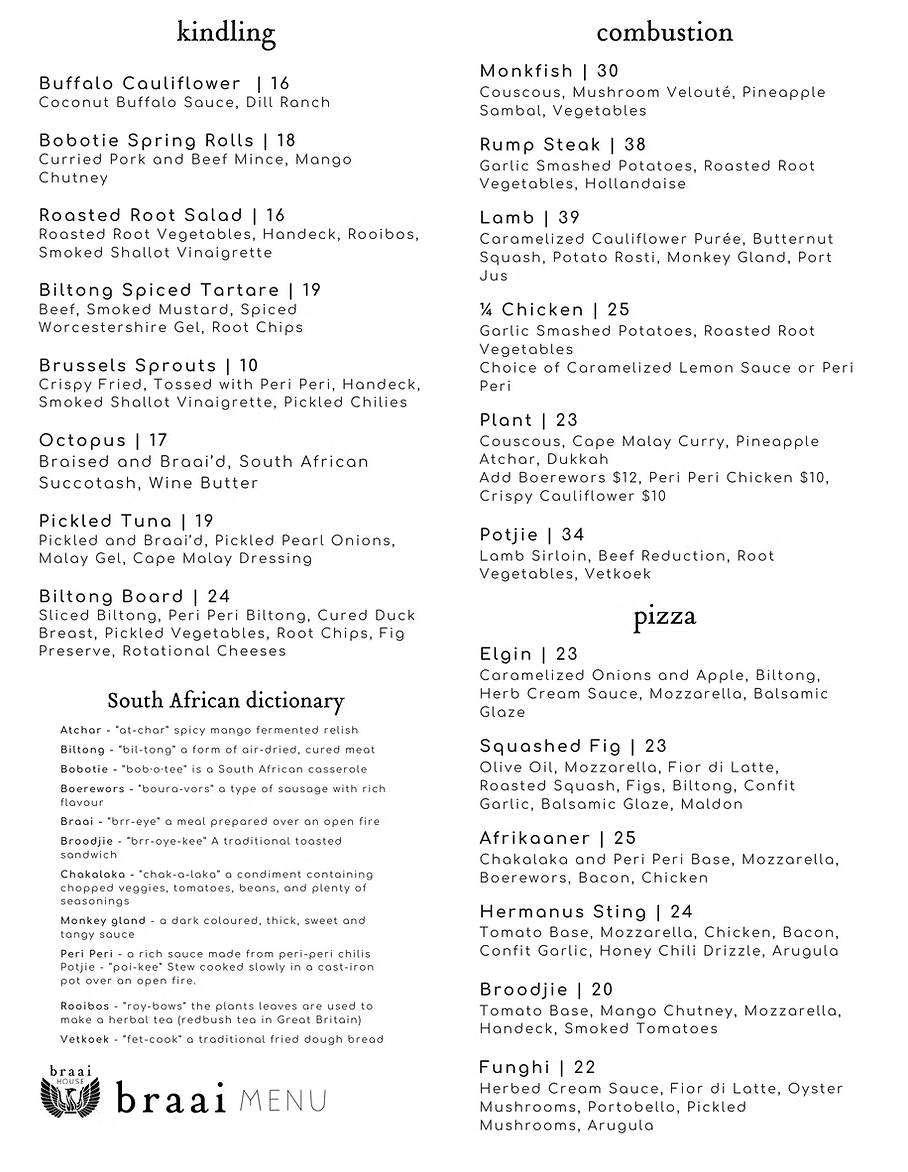 Menu at Braai House restaurant, Stratford