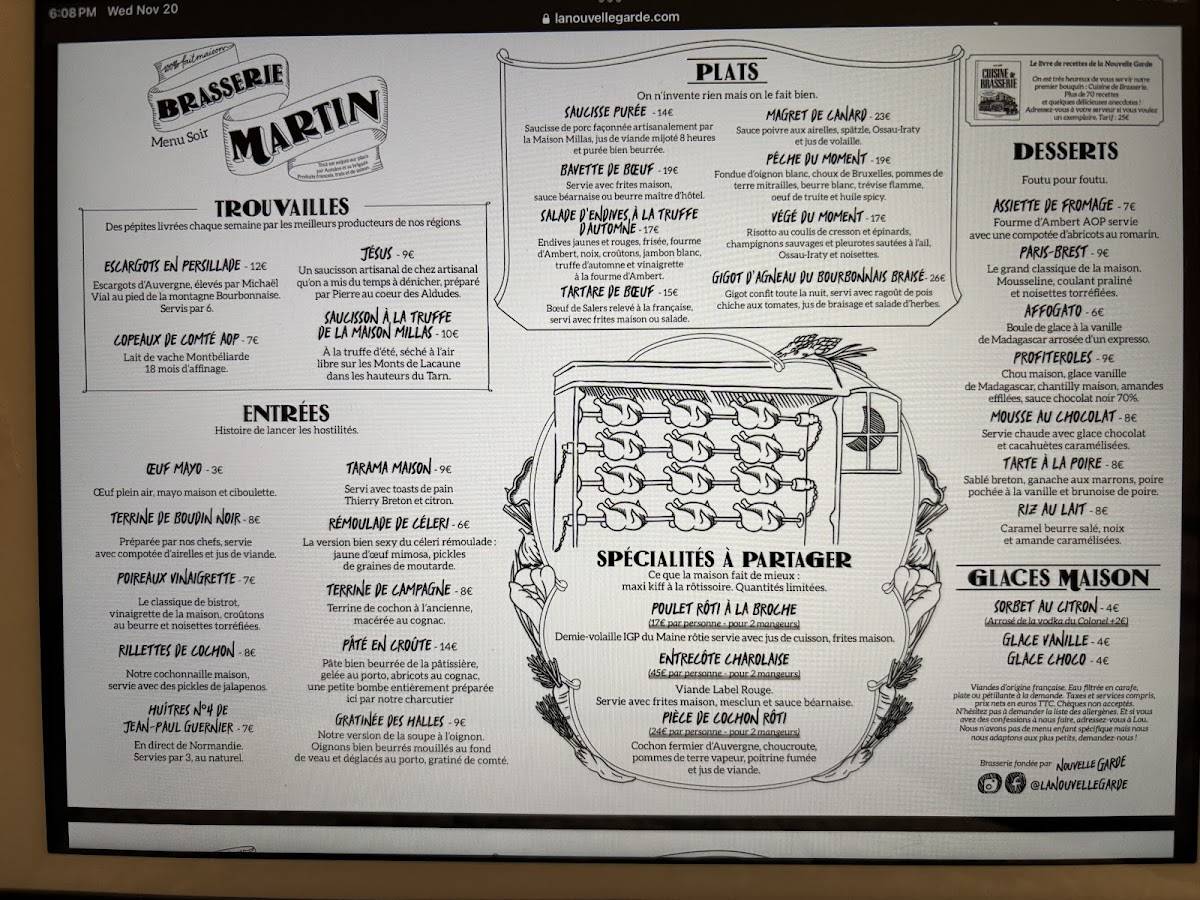 Menu at Brasserie Martin restaurant, Paris