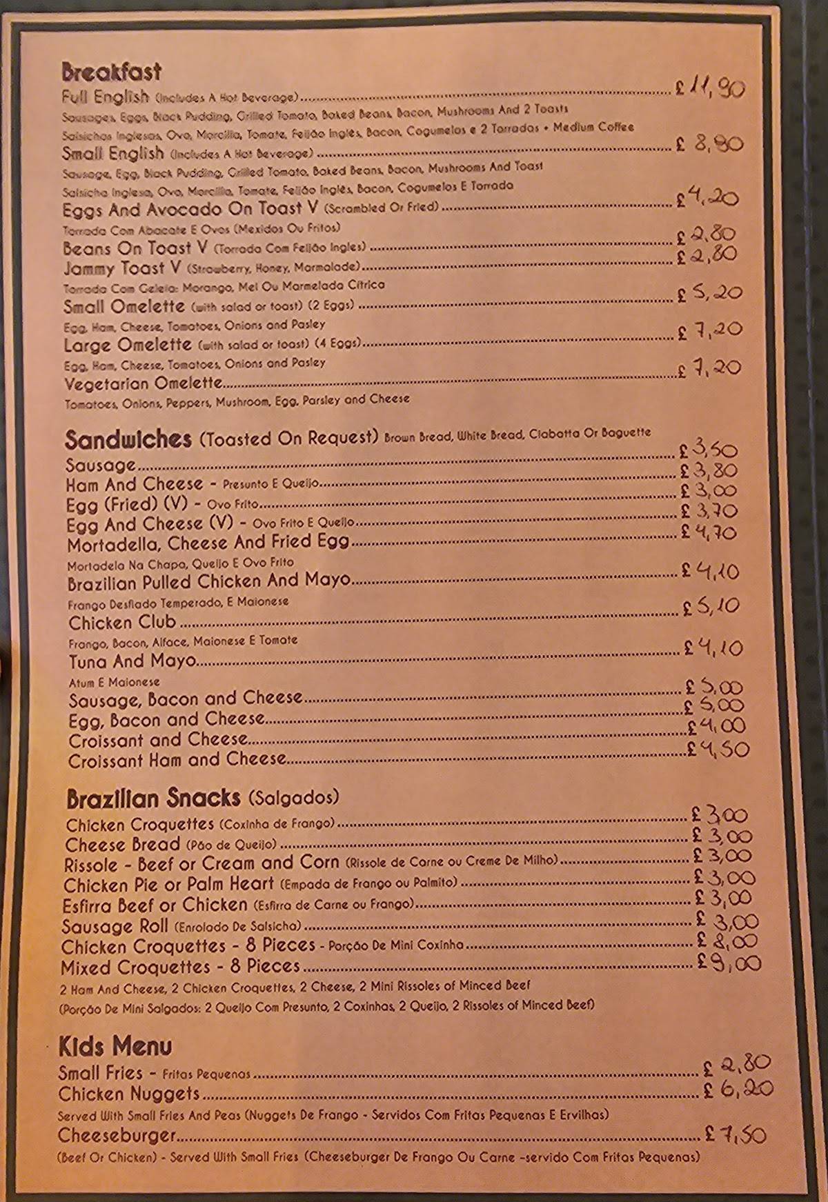 Menu at Brazil Cafe, London