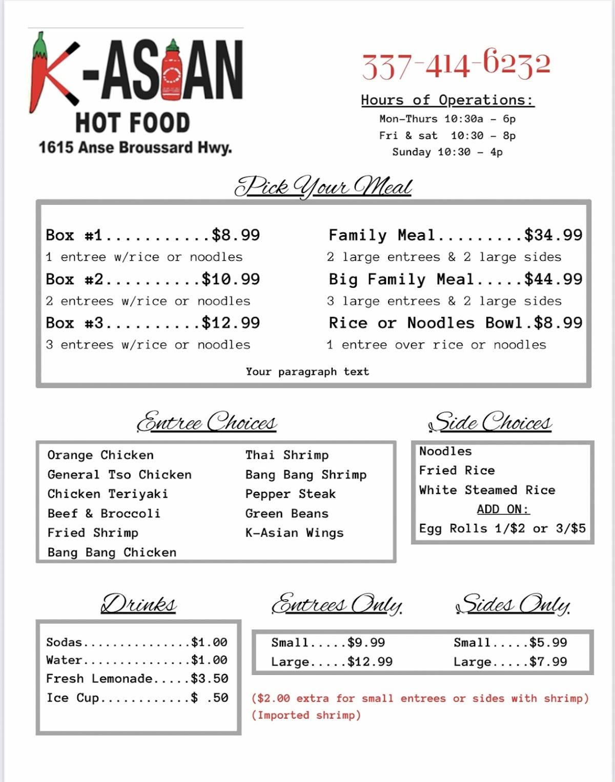 Menu at K-Asian Hot Food restaurant, Breaux Bridge