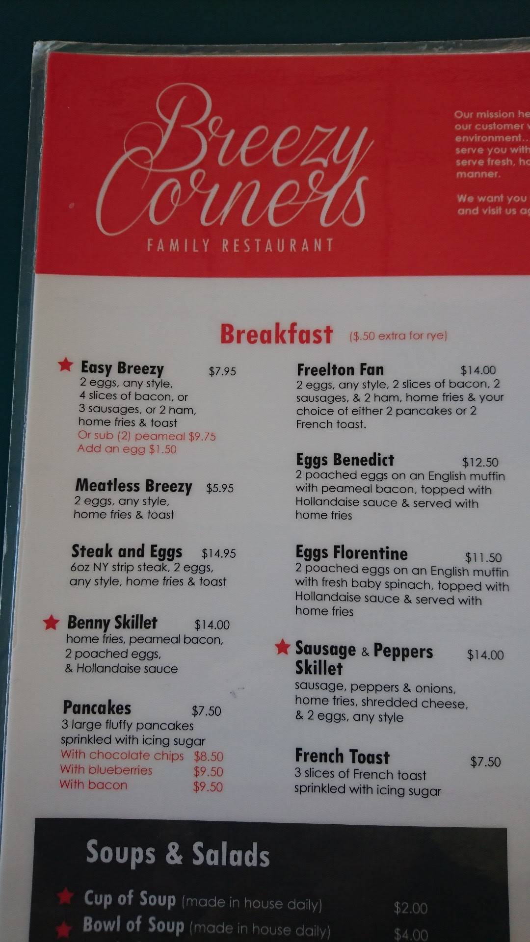 Menu at Breezy Corners Freelton restaurant, Hamilton, Hwy 6