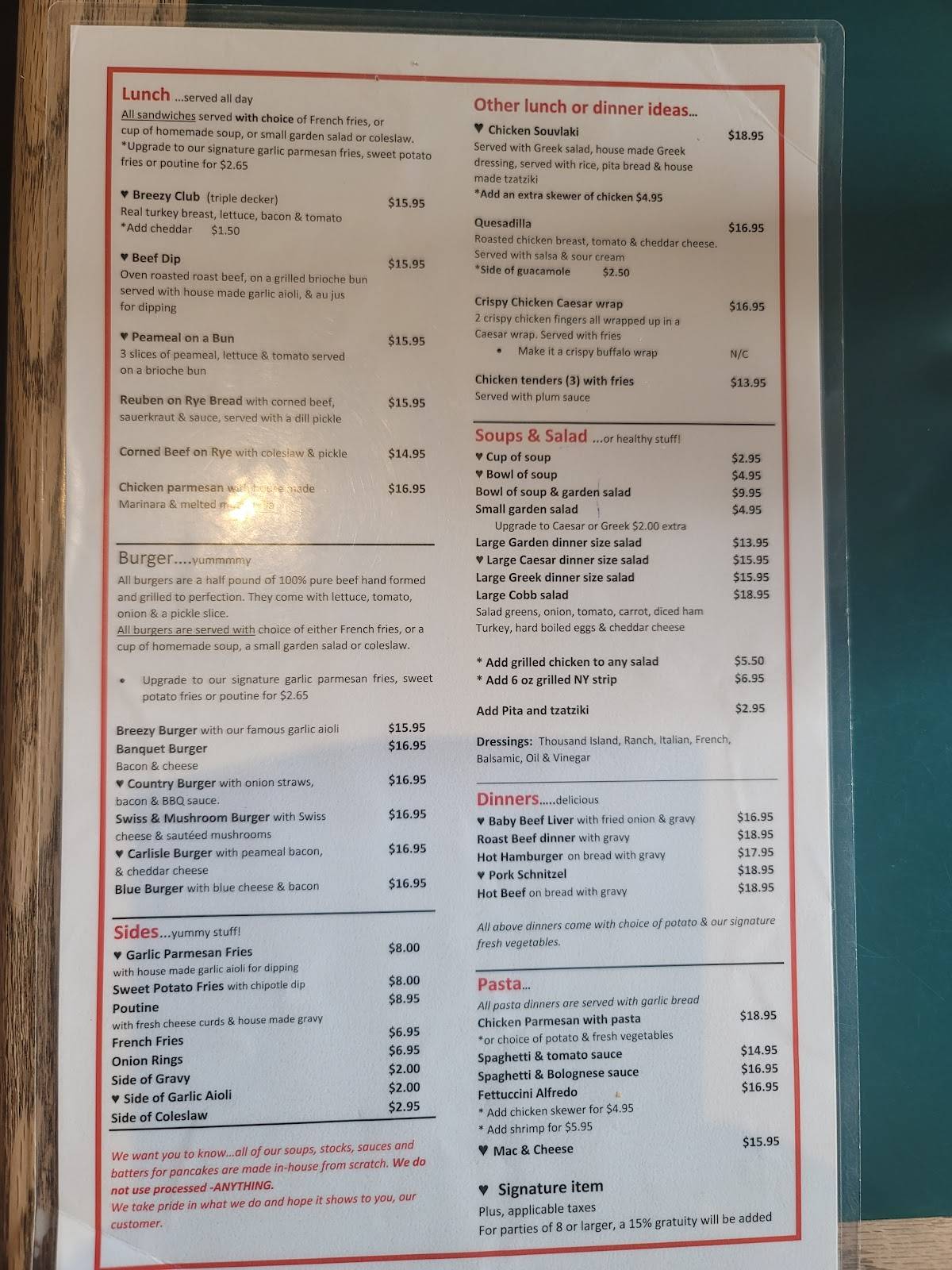 Menu at Breezy Corners Freelton restaurant, Hamilton, Hwy 6