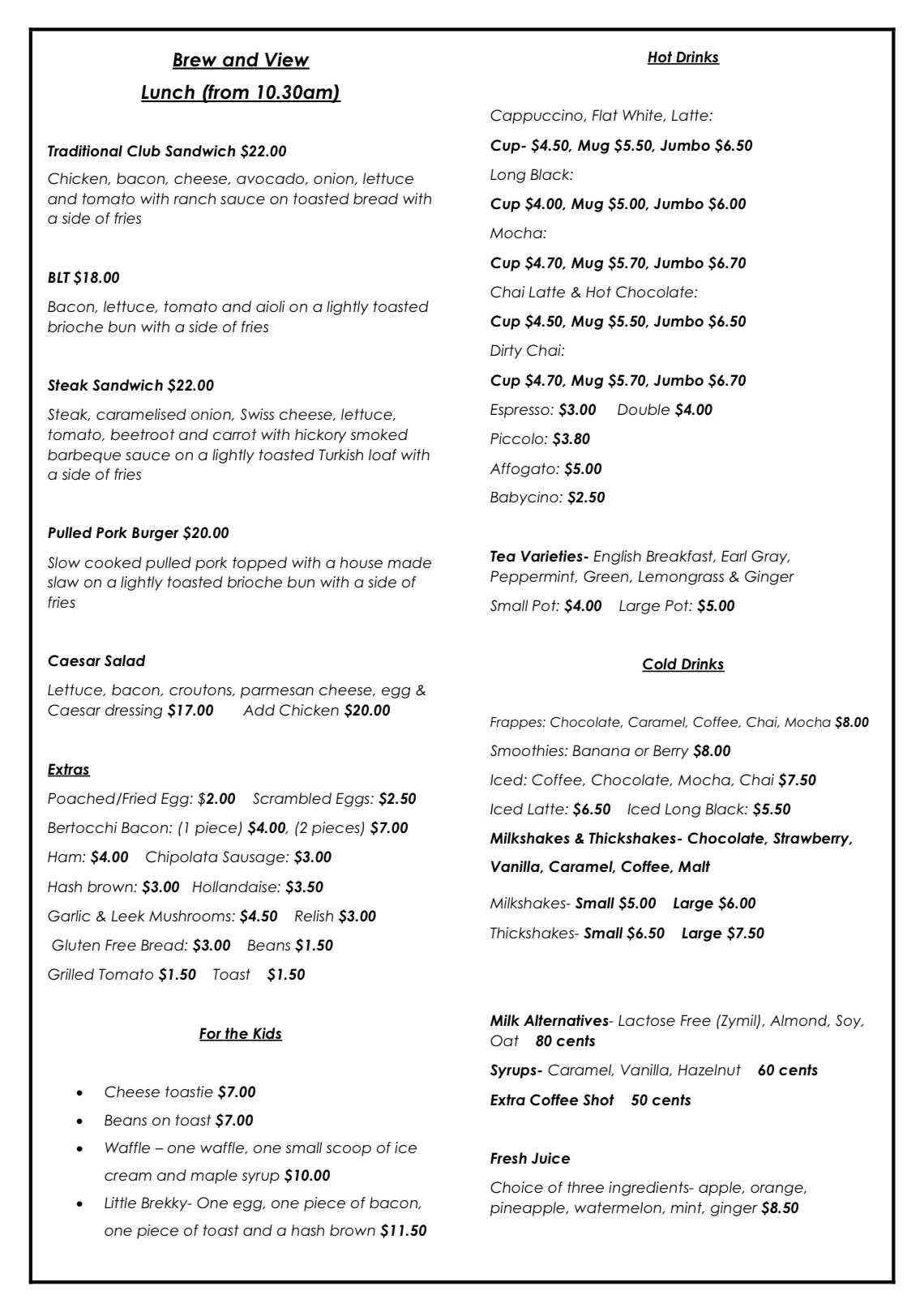 Menu at Brew & View cafe, Point Vernon