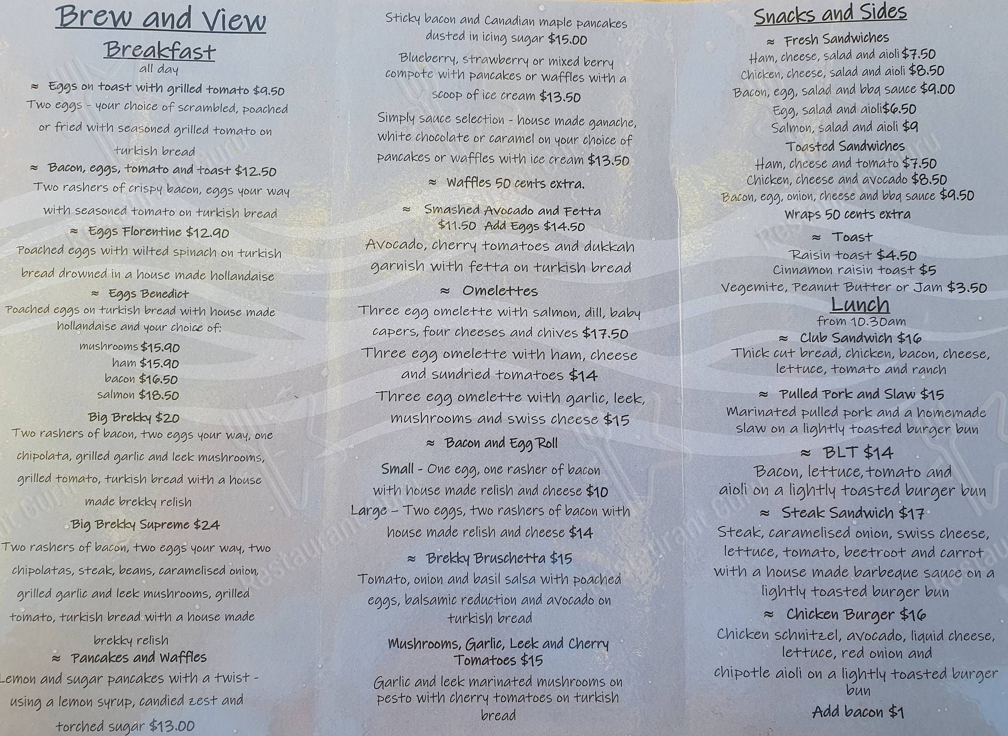 Menu at Brew & View cafe, Point Vernon