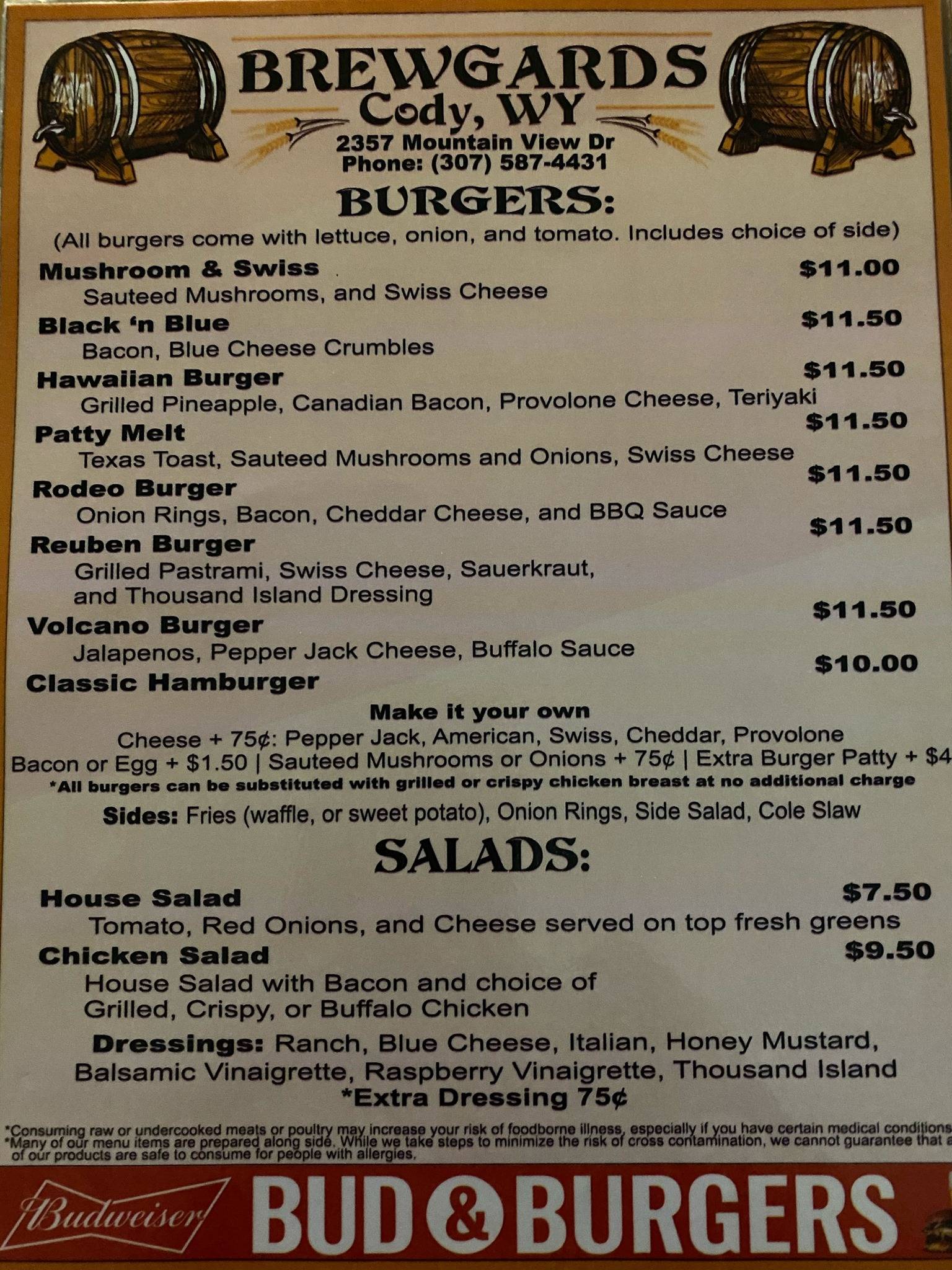 Menu at Brewgards Liquor and Lounge pub & bar, Cody