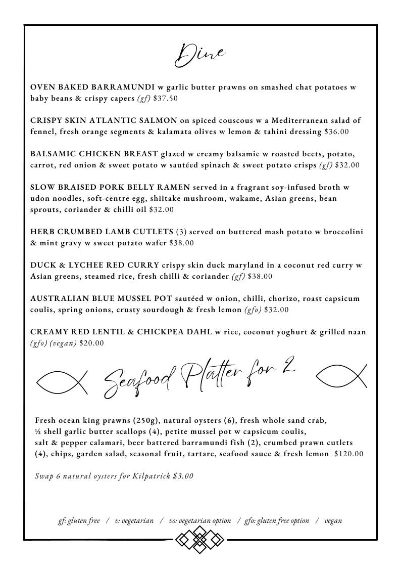 Menu at Bribie Island RSL Club, Bongaree