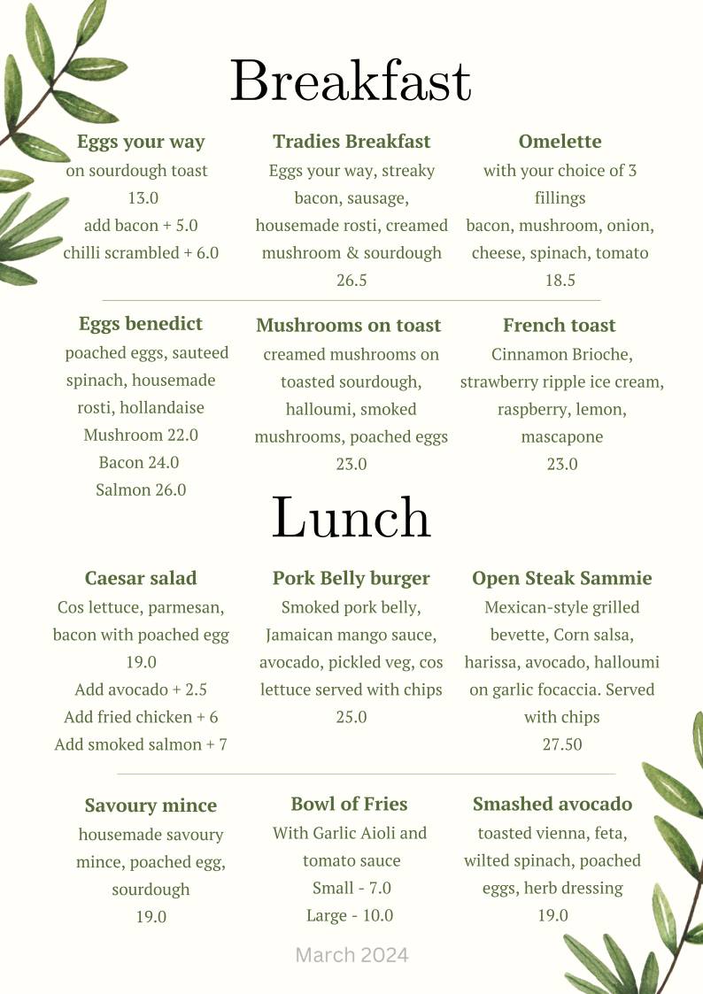 Menu at Bridge Street Cafe & Grill, Opotiki