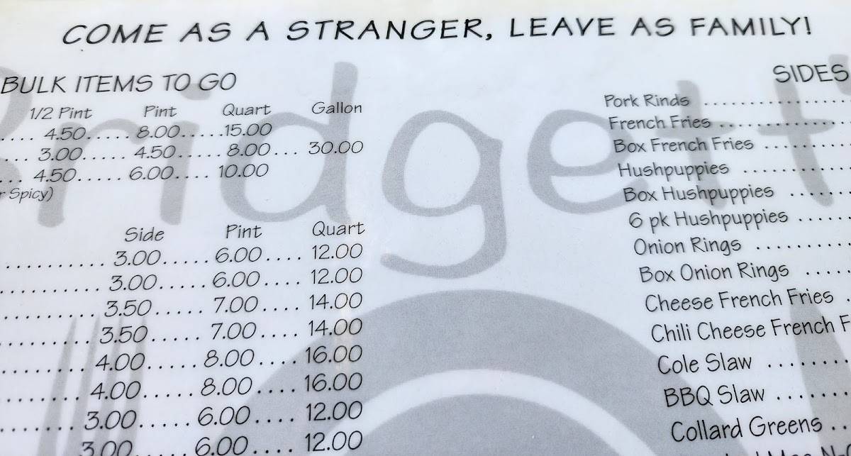 Menu at Bridgett's Kitchen BBQ, Lexington