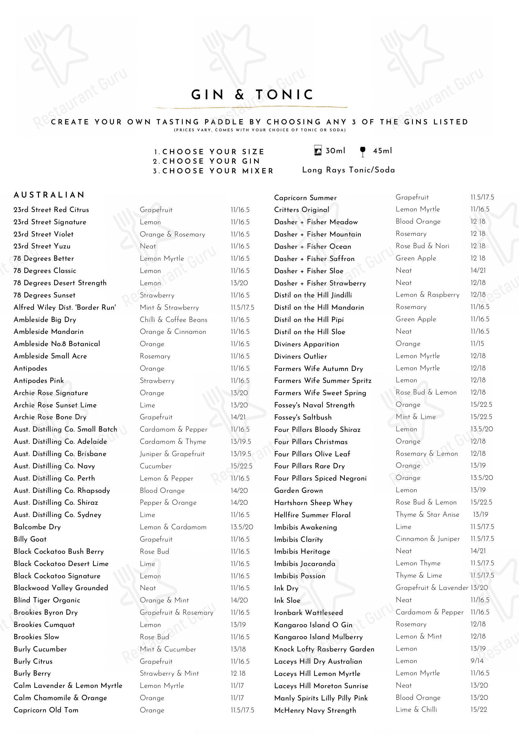 Menu at Eleven Bridges Gin Bar and Distillery, South Brisbane