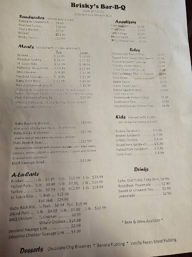Menu at Brisky's BBQ, St. Augustine