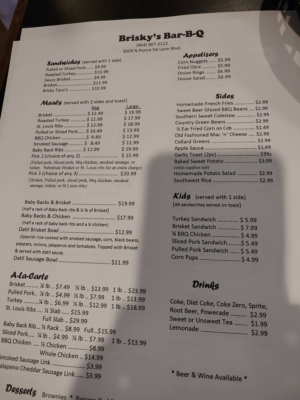 Menu at Brisky's BBQ, St. Augustine