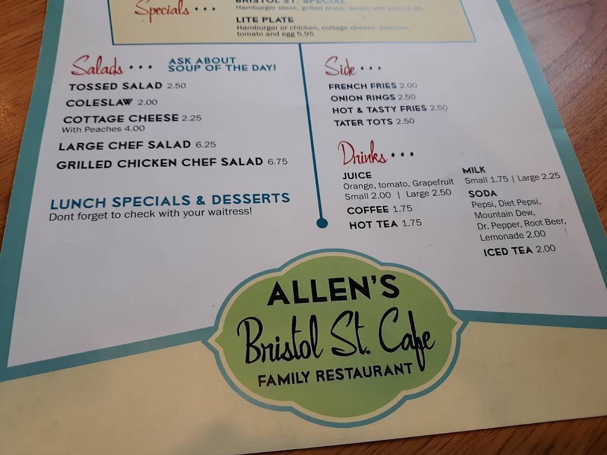 Menu at Bristol Street Cafe, Elkhart