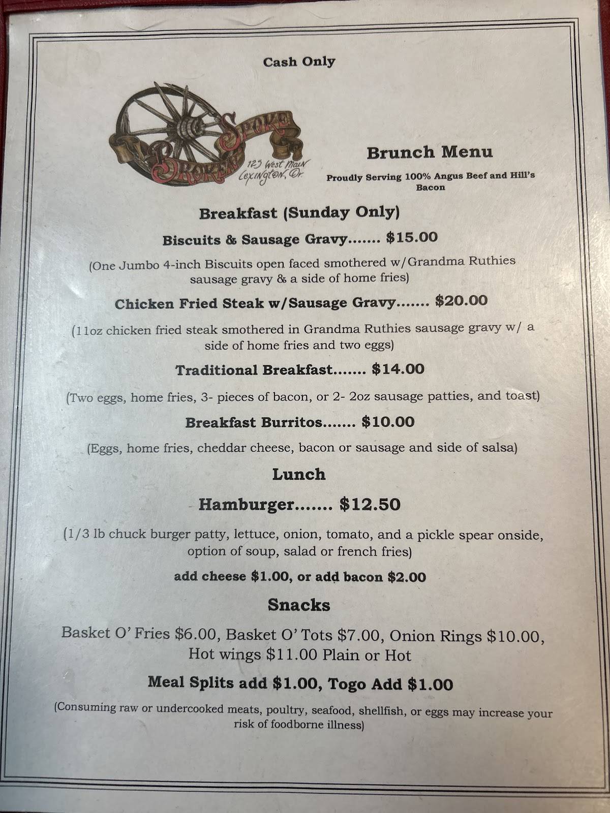 Menu at Broken Spoke Restaurant & Saloon, Lexington