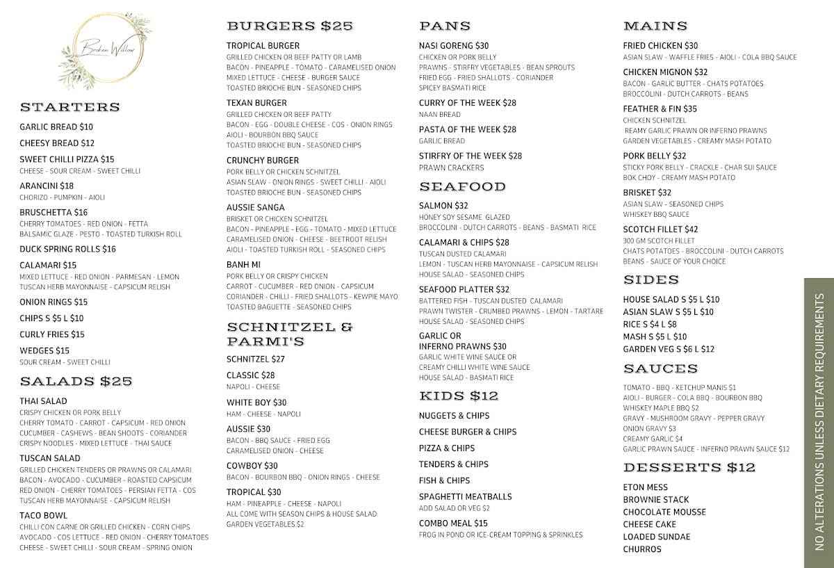Menu at Broken Willow restaurant, Nathalia