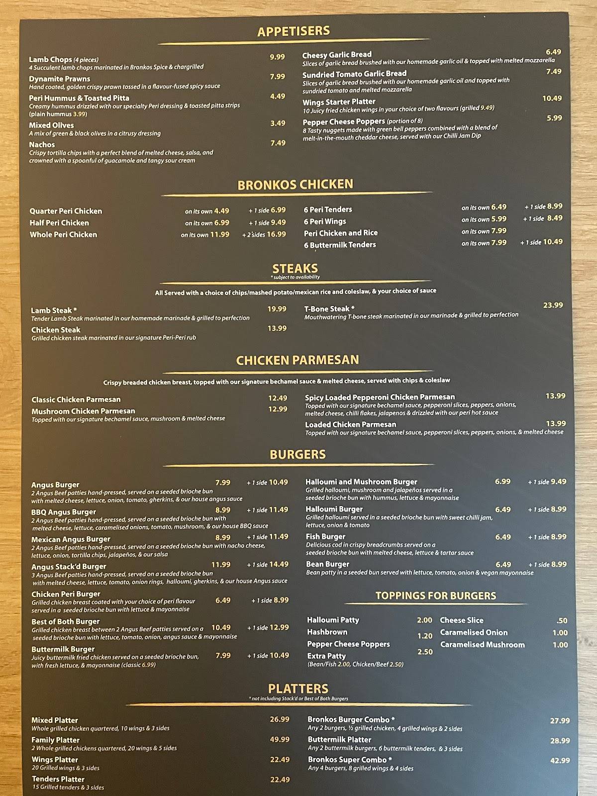 Menu at Bronkos Restaurant, Leicester
