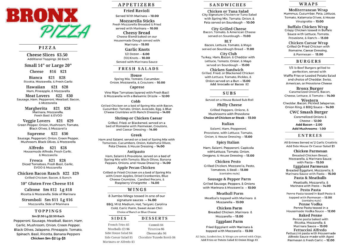 Menu at Bronx Pizza pizzeria, DeLand