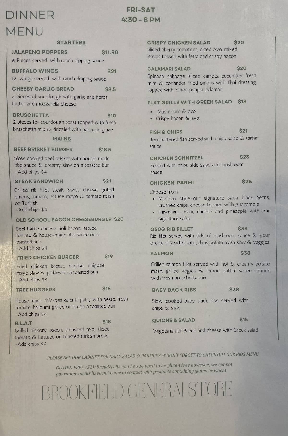 Menu at Brookfield General Store restaurant, Brookfield
