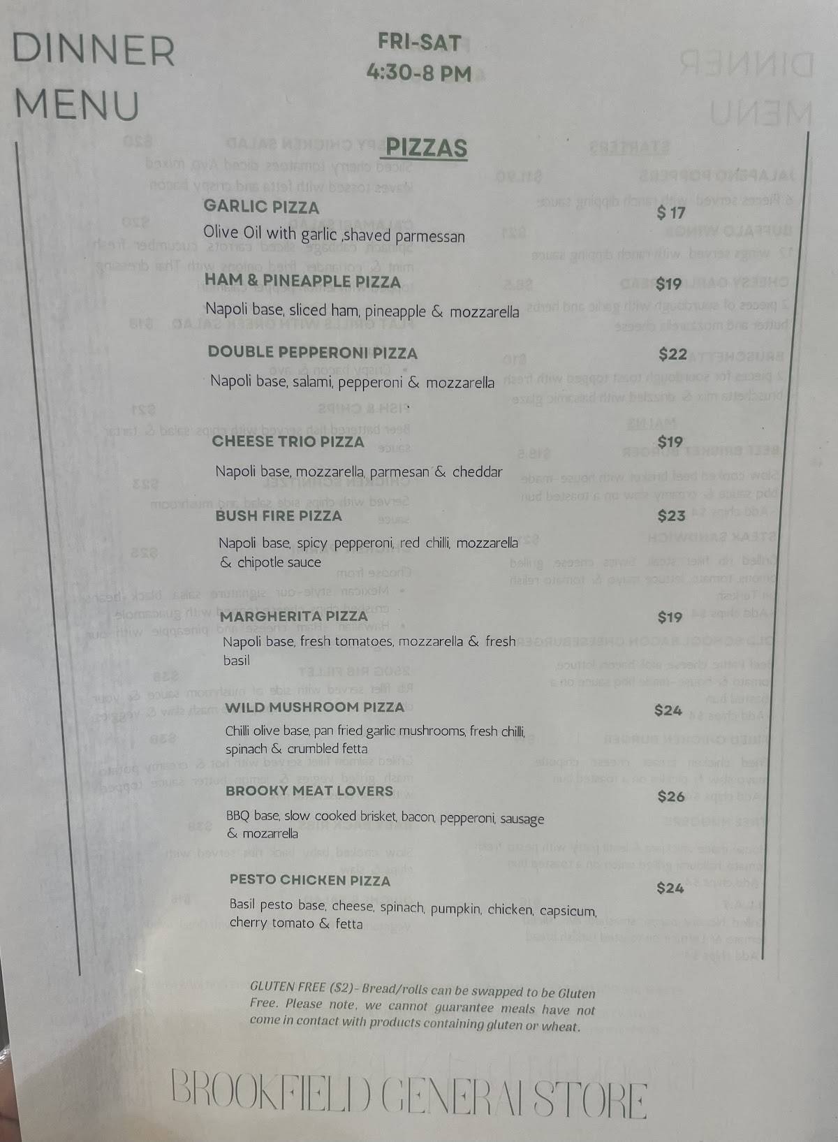 Menu at Brookfield General Store restaurant, Brookfield