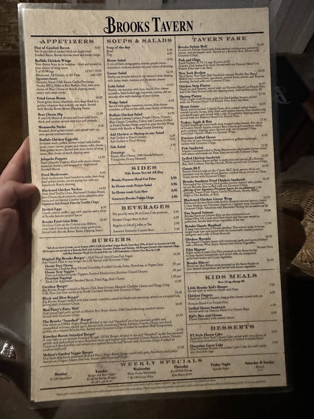 Menu at Brooks Tavern pub & bar, Tryon