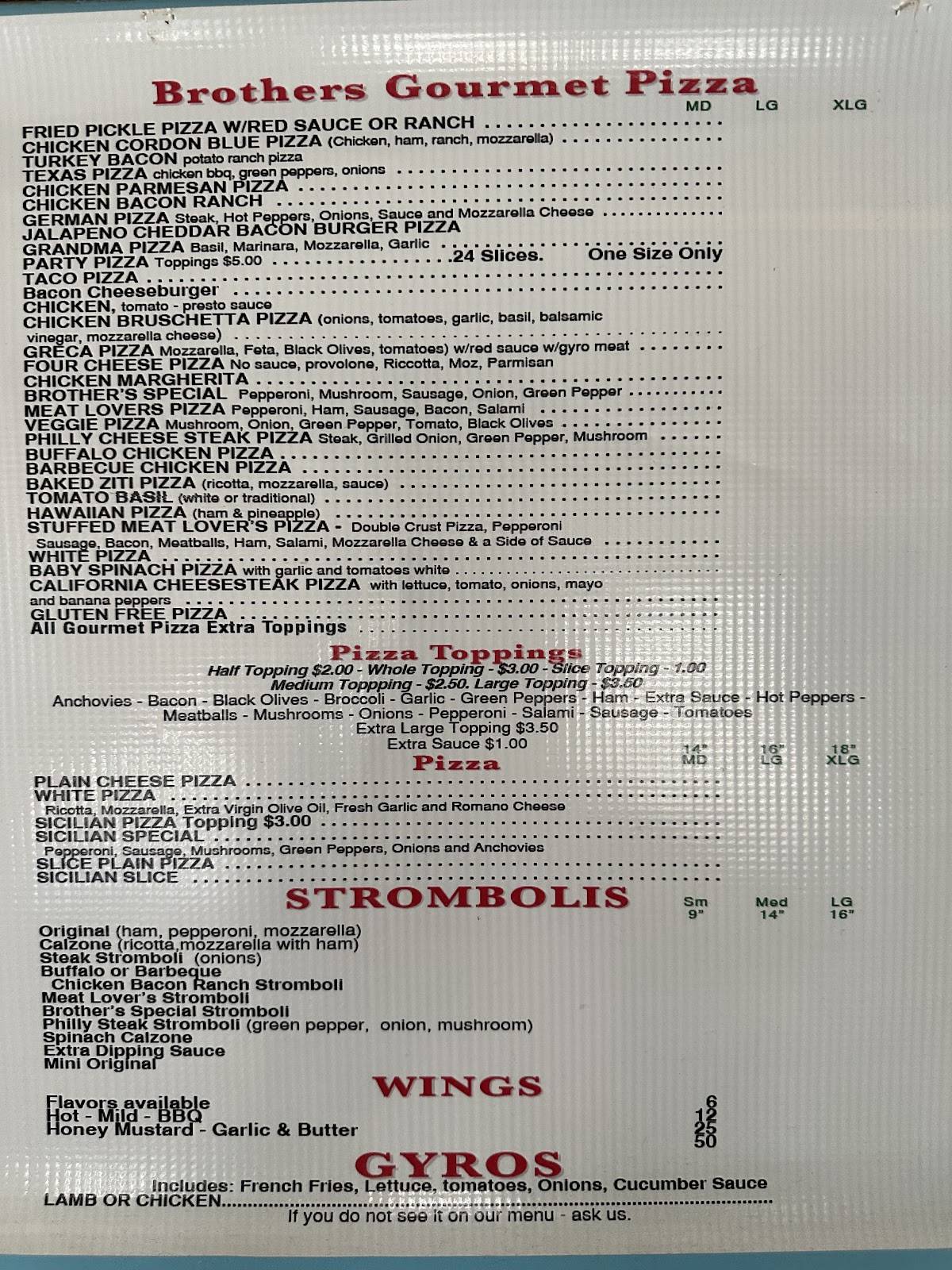 Menu at Brothers Pizza of Lamar pizzeria, Lamar