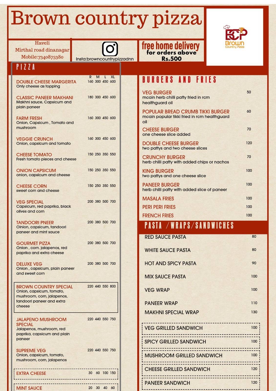 Menu at Brown country pizza, Dinanagar