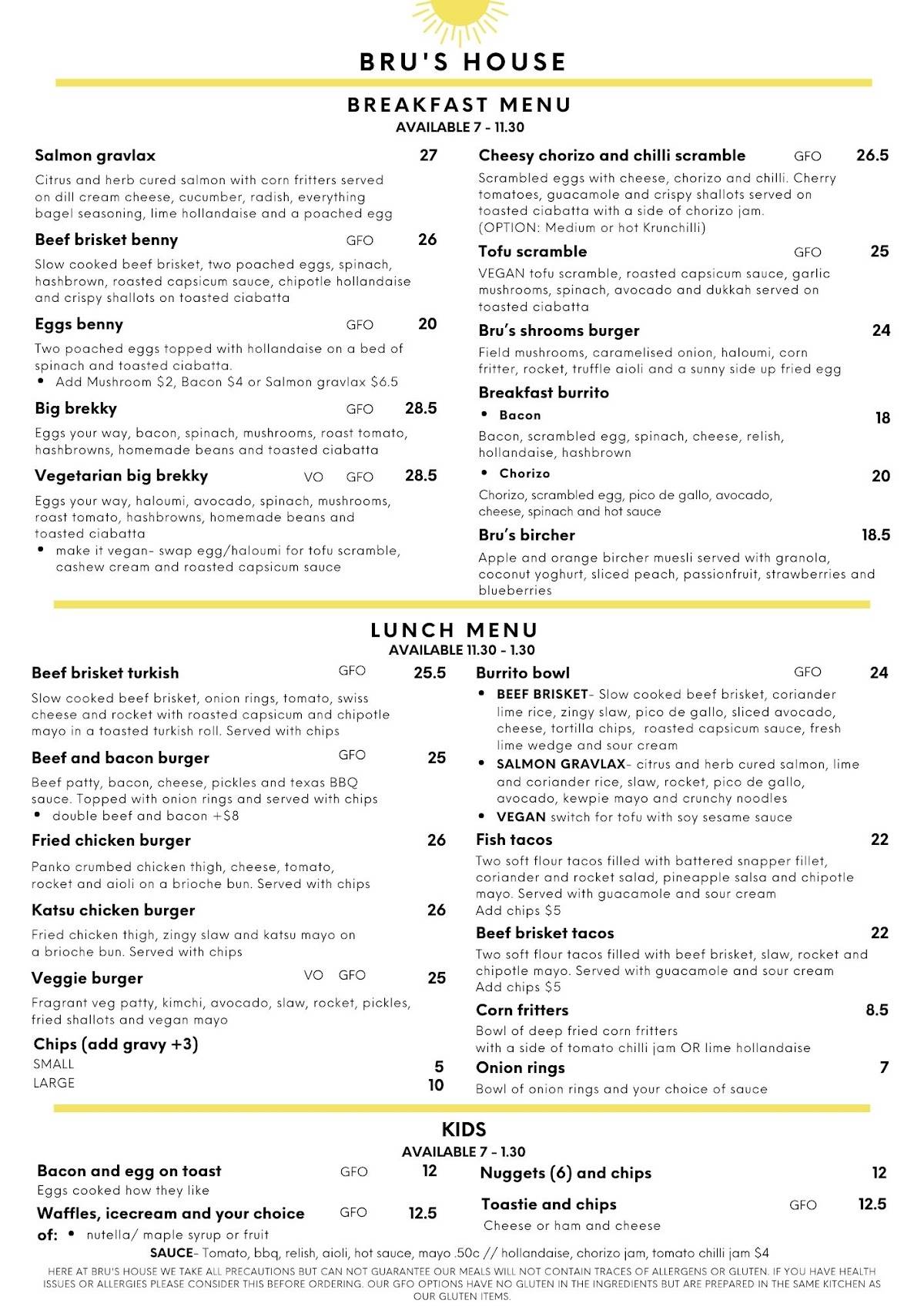 Menu at Bru's House cafe, Golden Bay