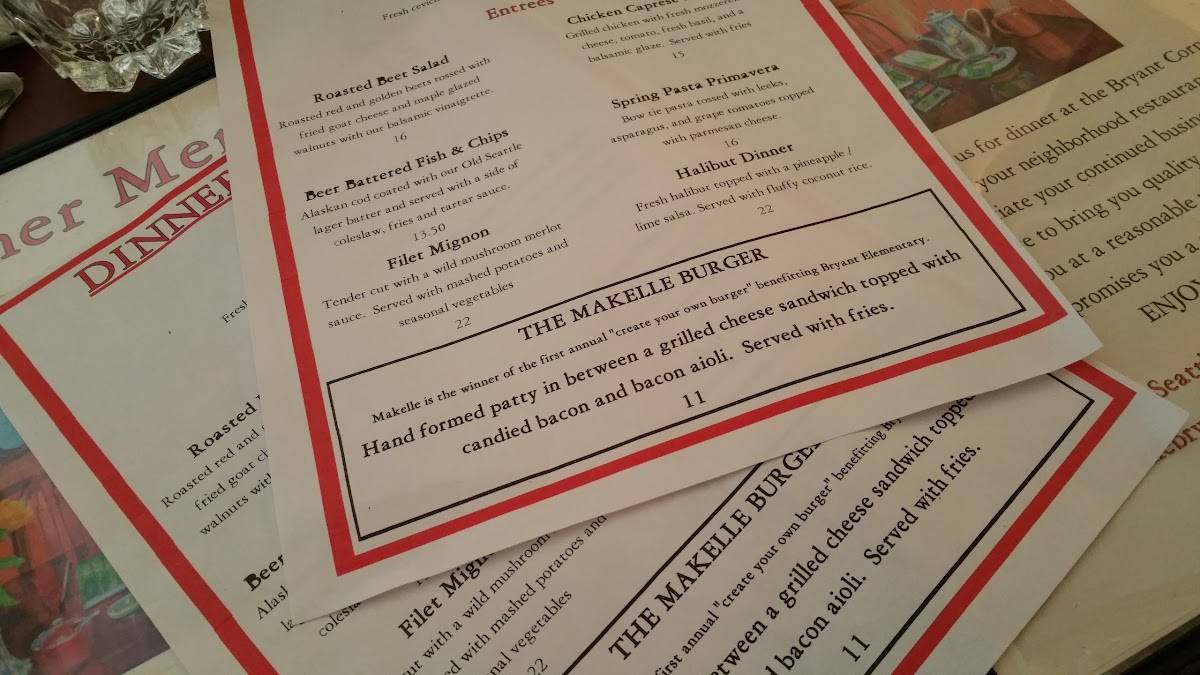 Menu at The Bryant Corner Cafe, Seattle