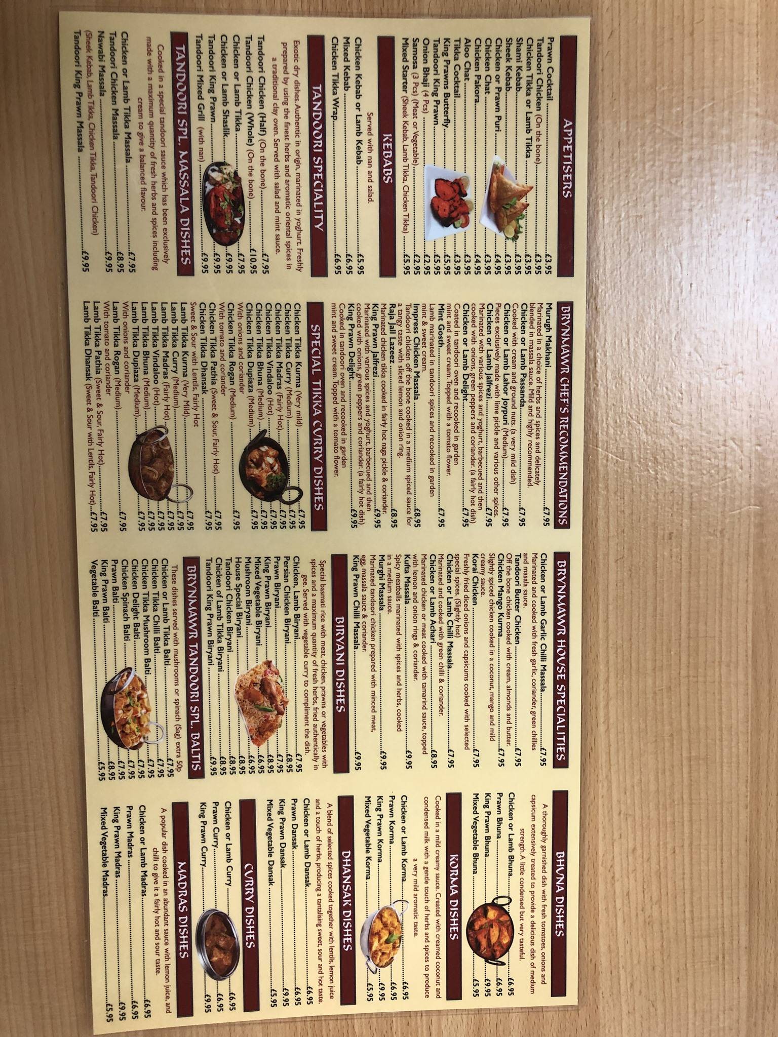 Menu at Brynmawr Tandoori Balti House restaurant, Ebbw Vale
