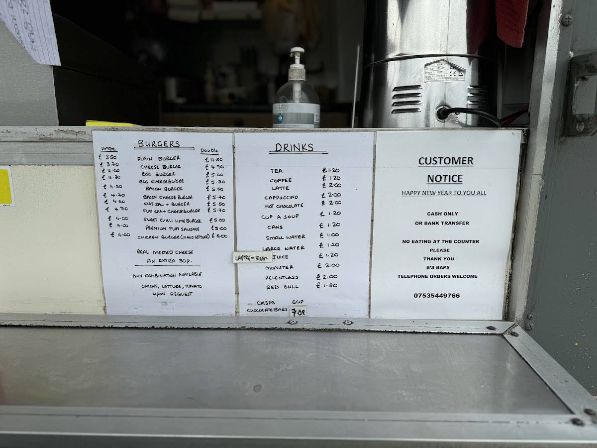 Menu at B’s Baps cafe, Stowmarket