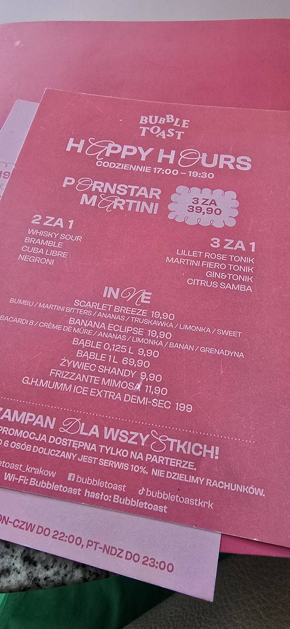 Menu at Bubble Toast pub & bar, Kraków