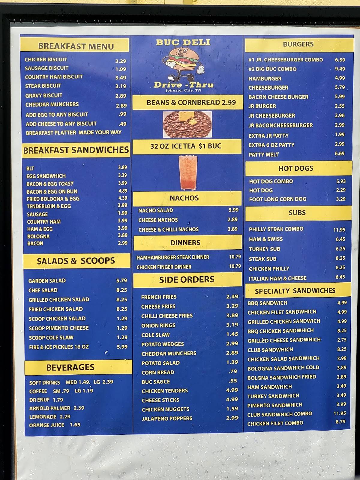 Menu at Buc Deli Drive-Thru restaurant, Johnson City