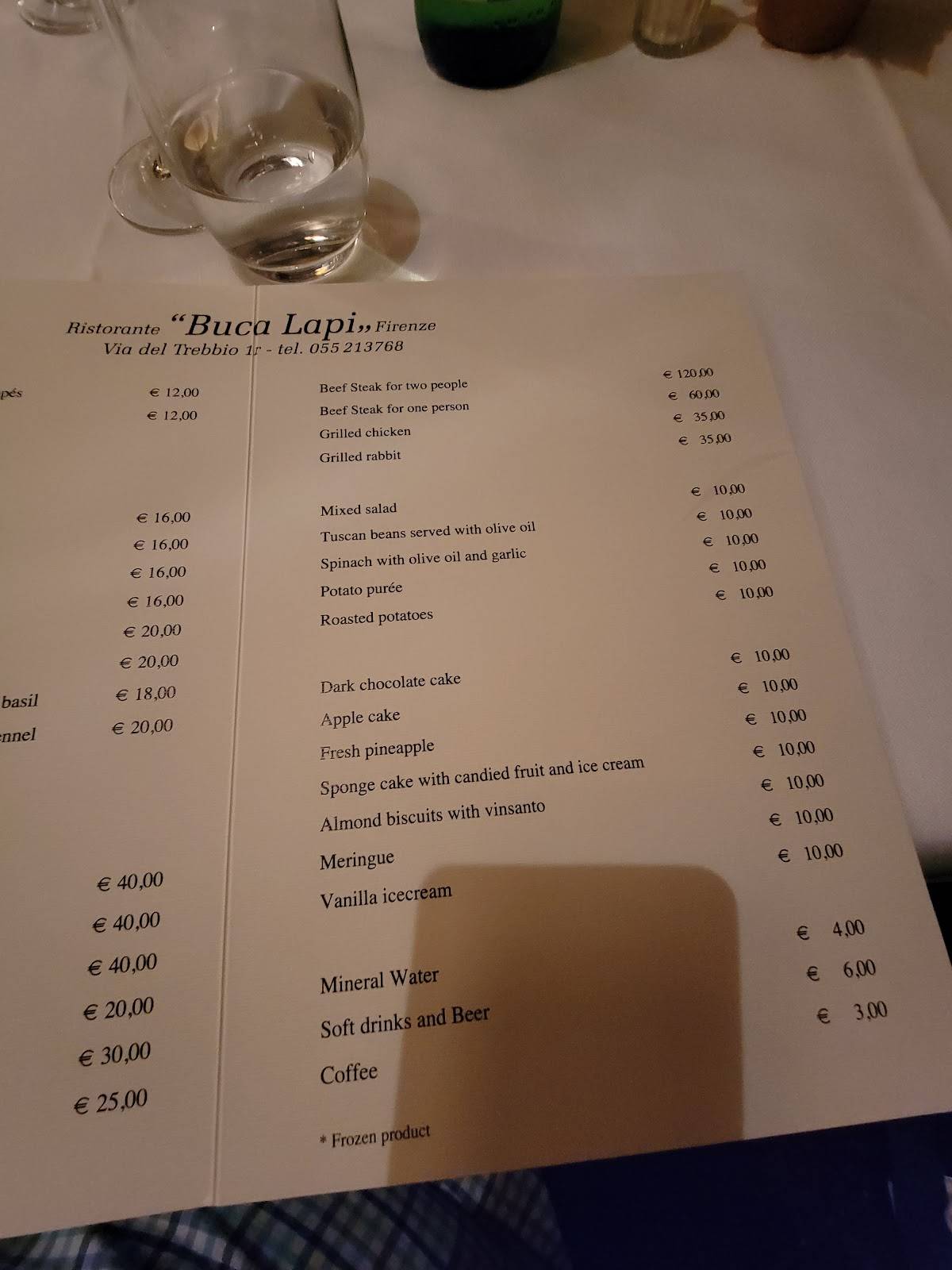 Menu at Buca Lapi restaurant, Florence