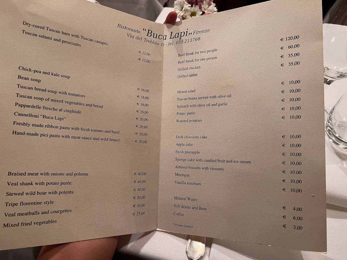 Menu at Buca Lapi restaurant, Florence