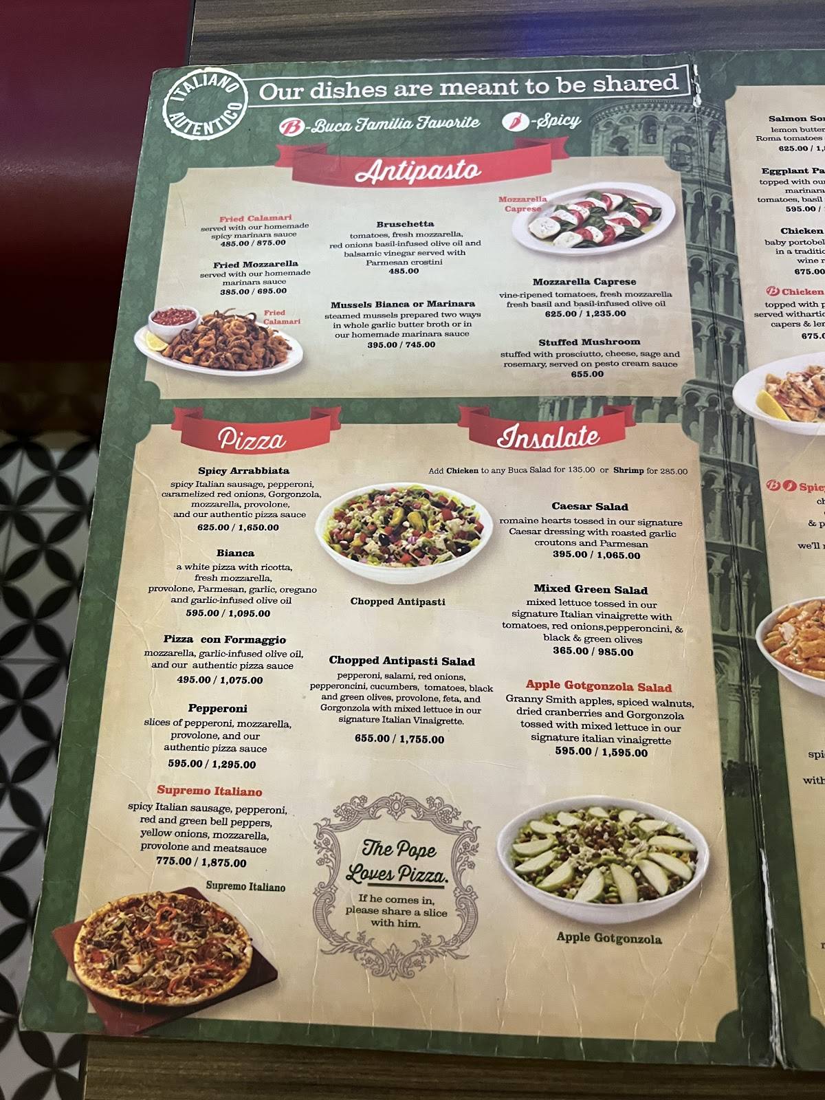 Menu at Buca di Beppo restaurant, Pasig