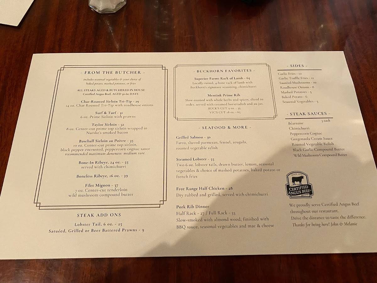 Menu at Buckhorn Steakhouse, Winters
