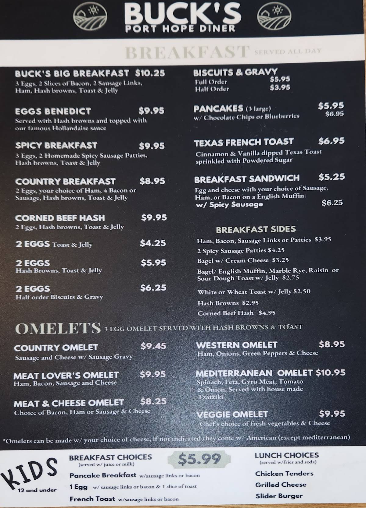 Menu at Buck's Port Hope Diner restaurant, Port Hope