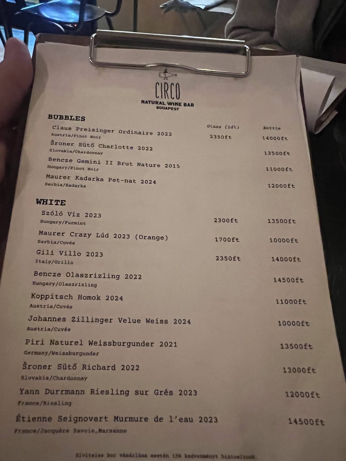 Menu at Circo Pizza restaurant, Budapest