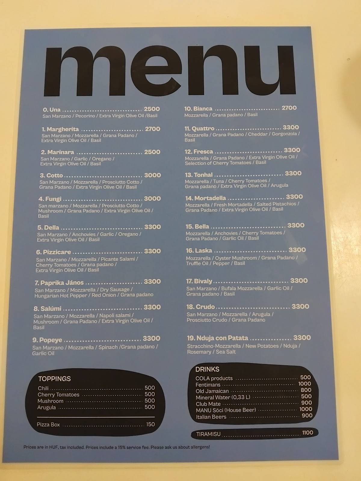 Menu at MANU+ restaurant, Budapest