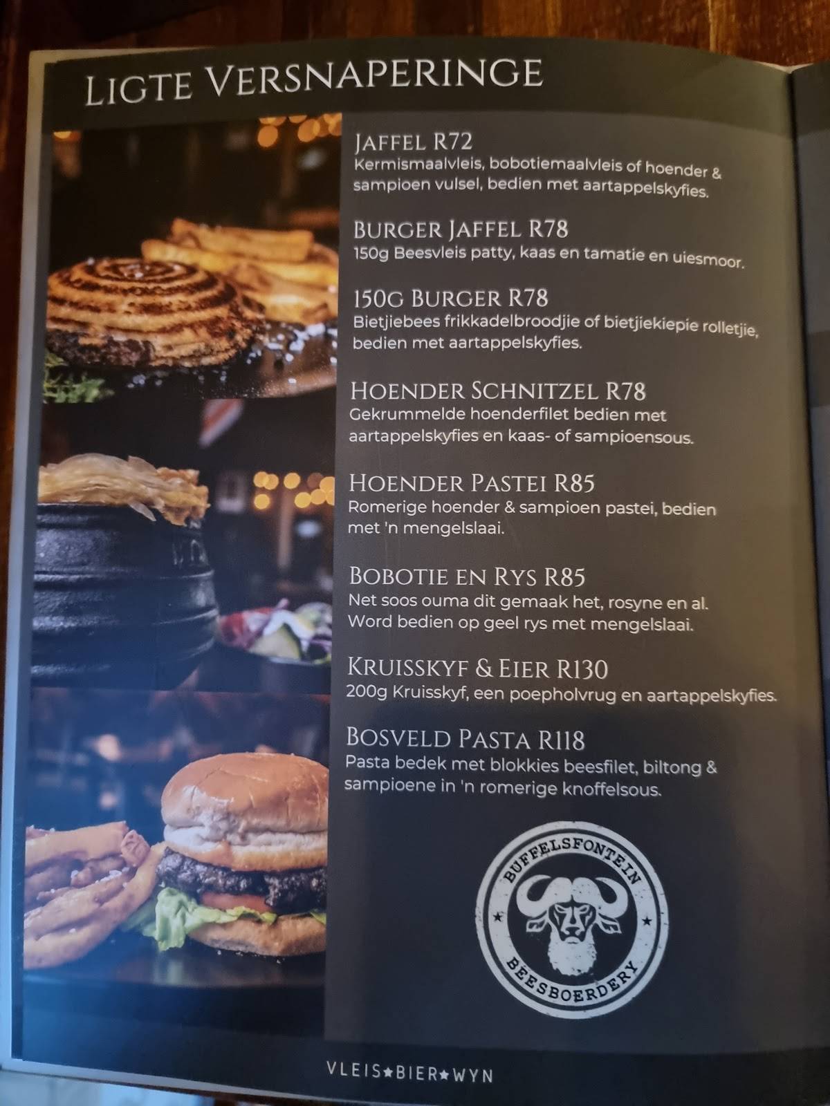 Menu at Buffelsfontein Beesboerdery restaurant, Pretoria