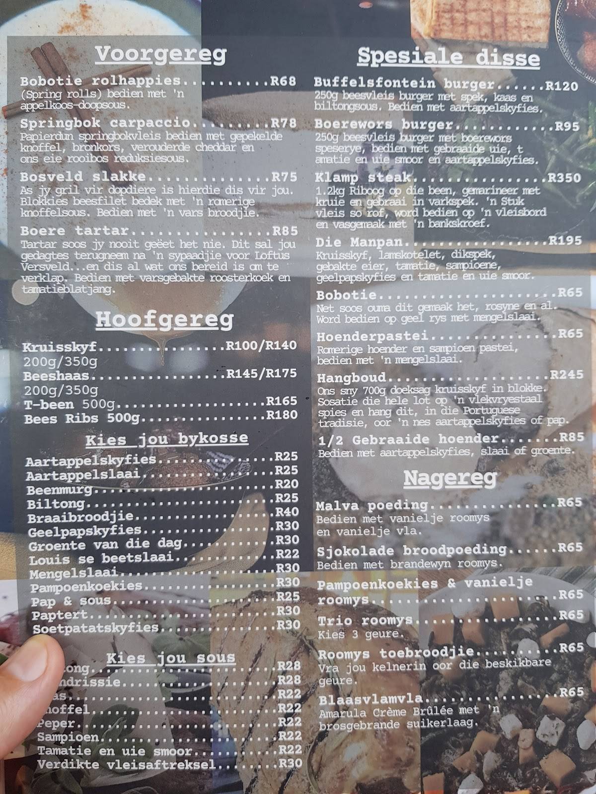 Menu at Buffelsfontein Beesboerdery restaurant, Pretoria