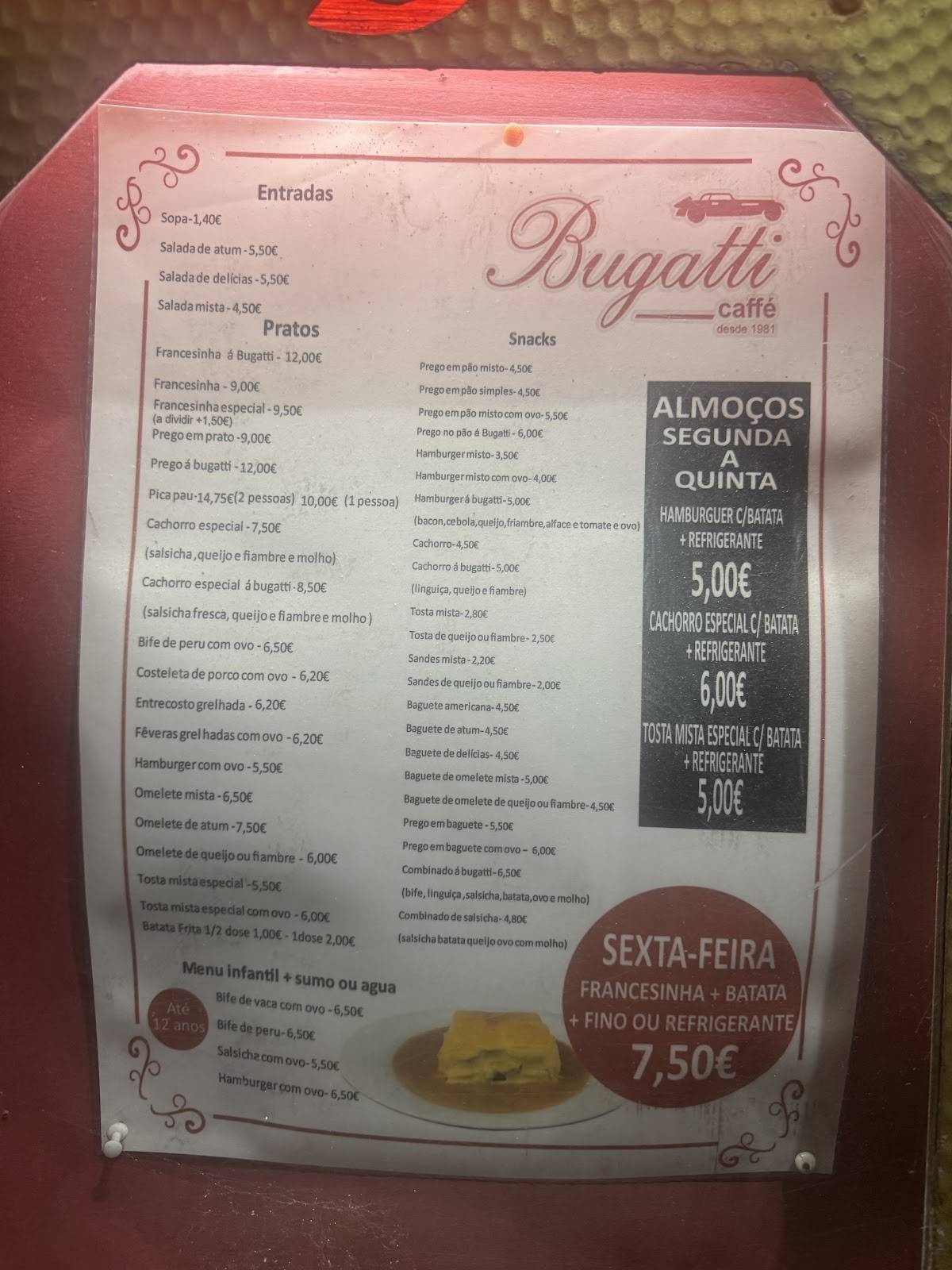Menu em Bugatti Caffe restaurante, Porto