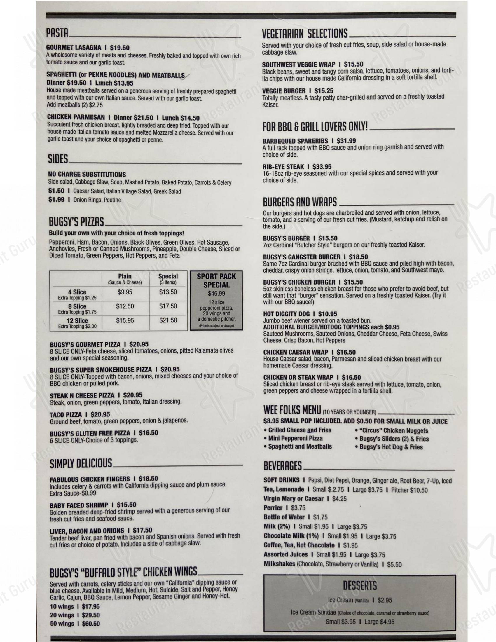 Menu at Bugsy's pub & bar, St. Catharines