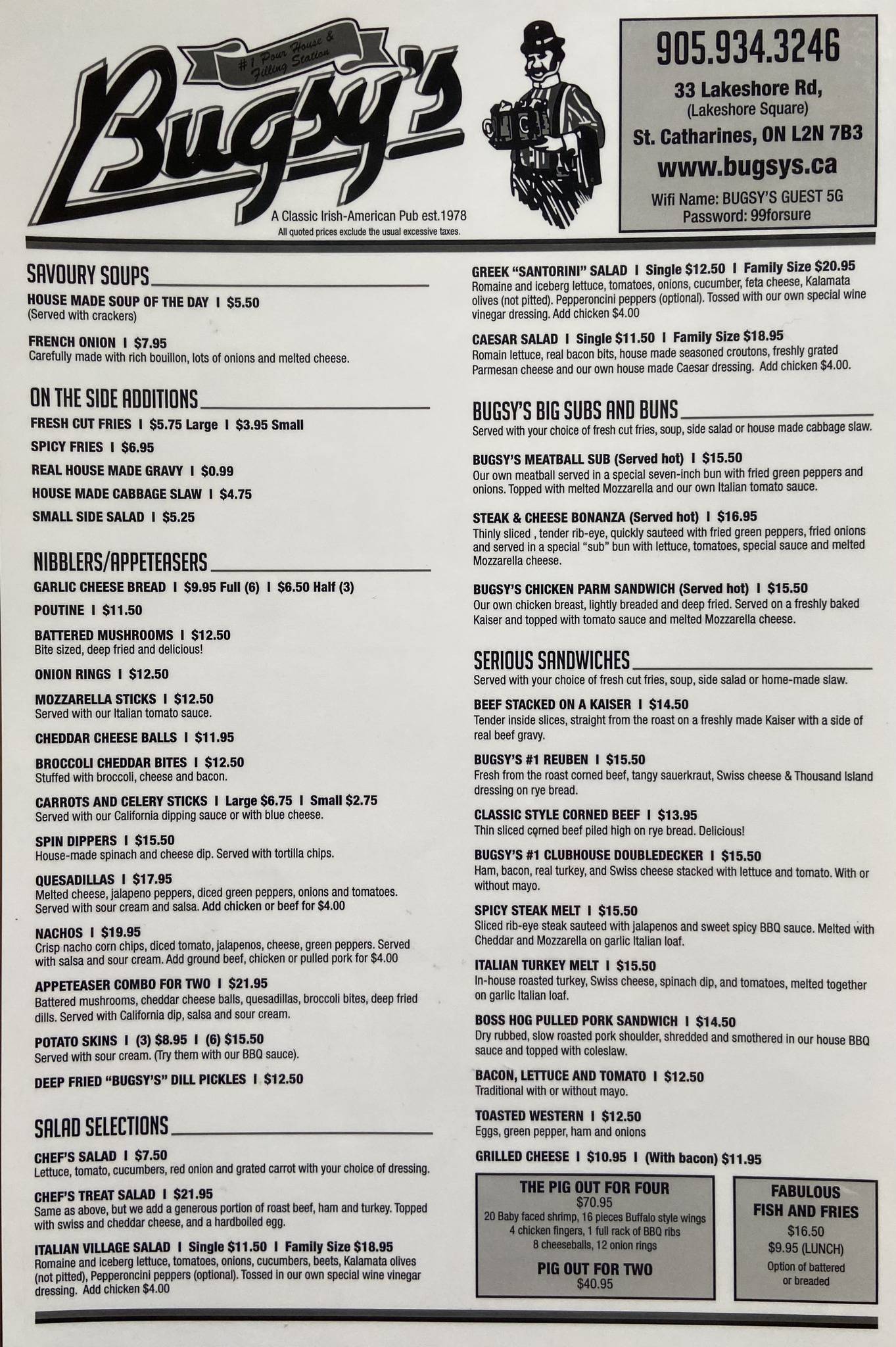 Menu at Bugsy's pub & bar, St. Catharines