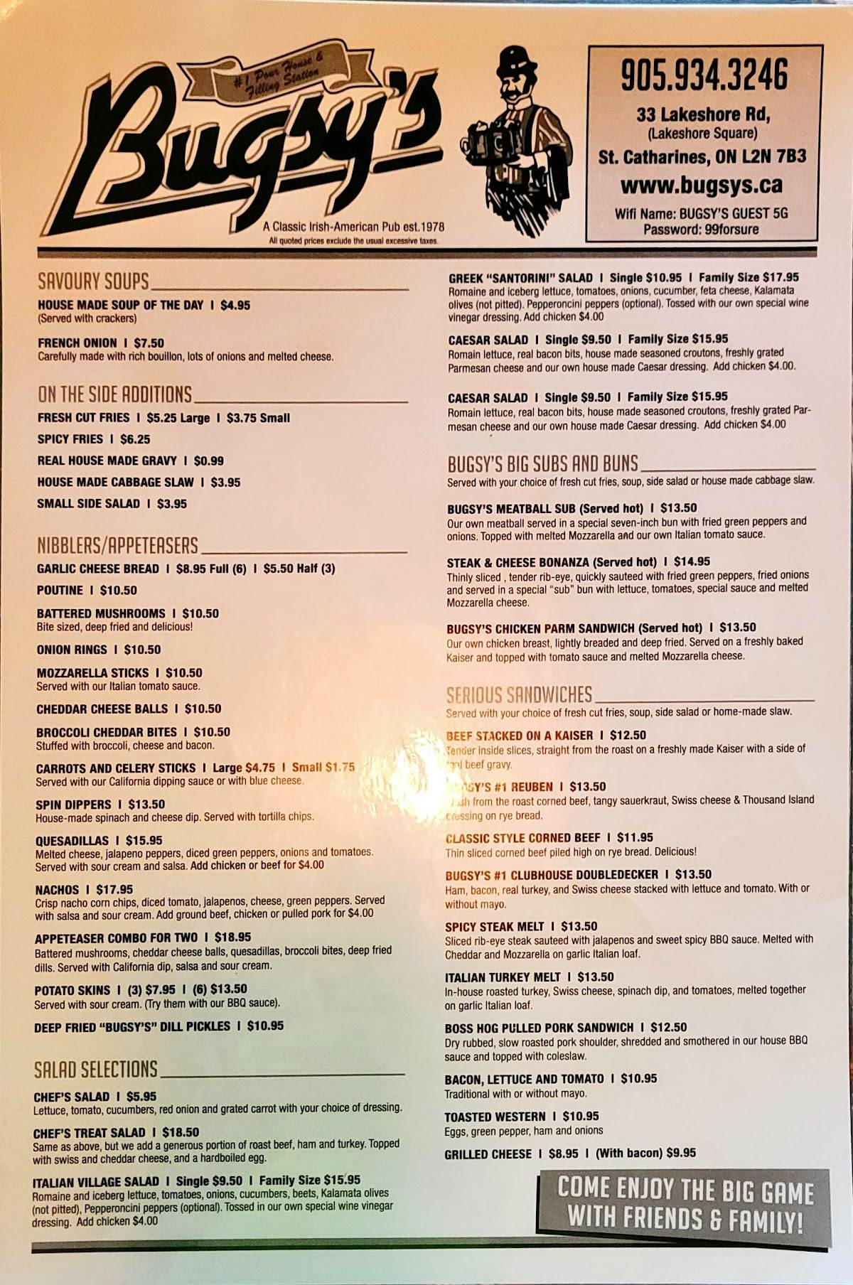 Menu at Bugsy's pub & bar, St. Catharines
