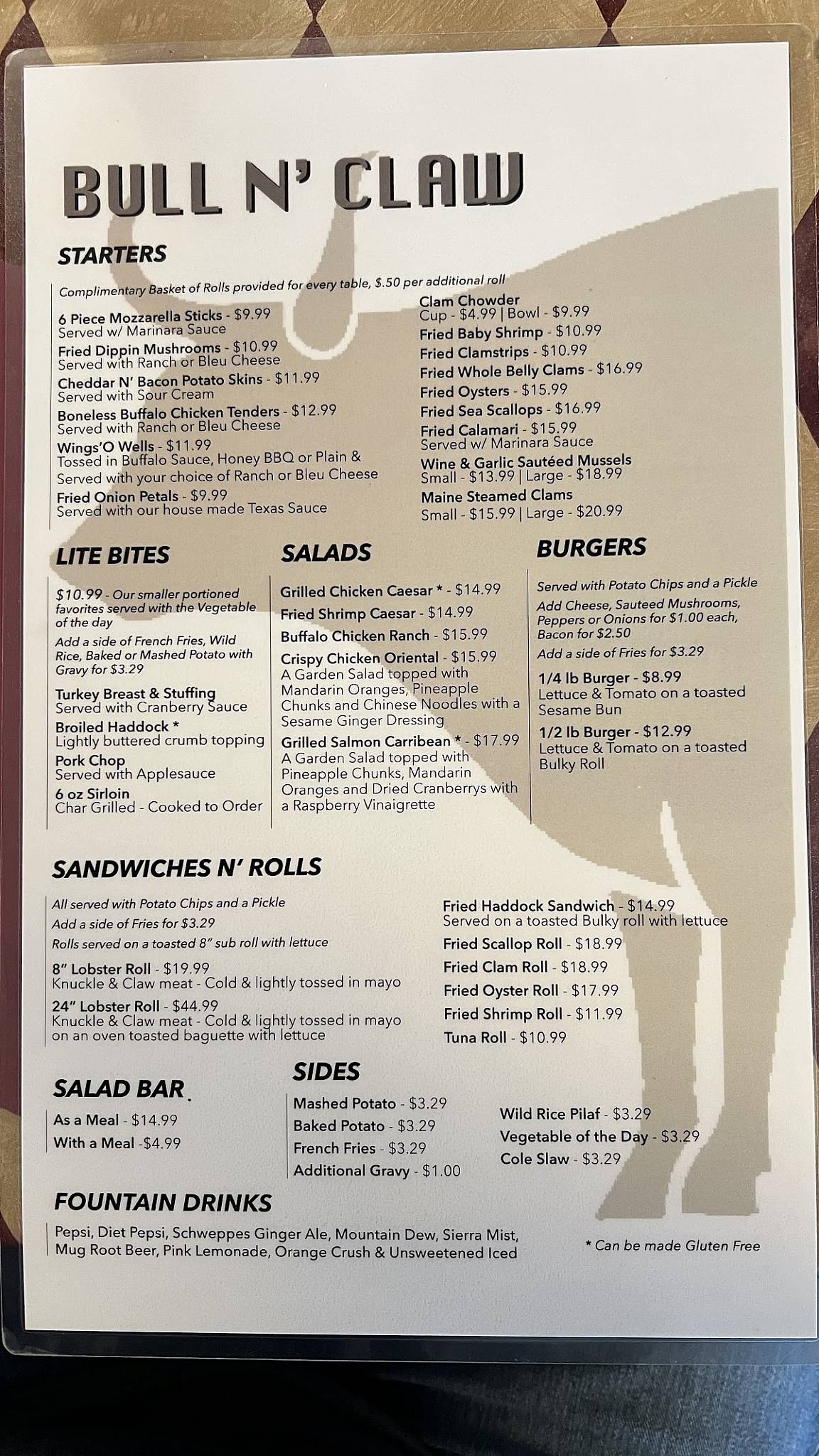 Menu at Bull N' Claw restaurant, Wells