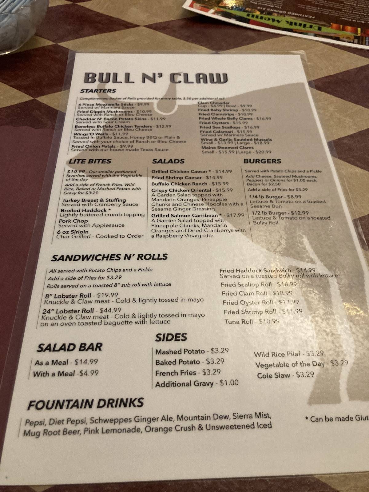 Menu at Bull N' Claw restaurant, Wells
